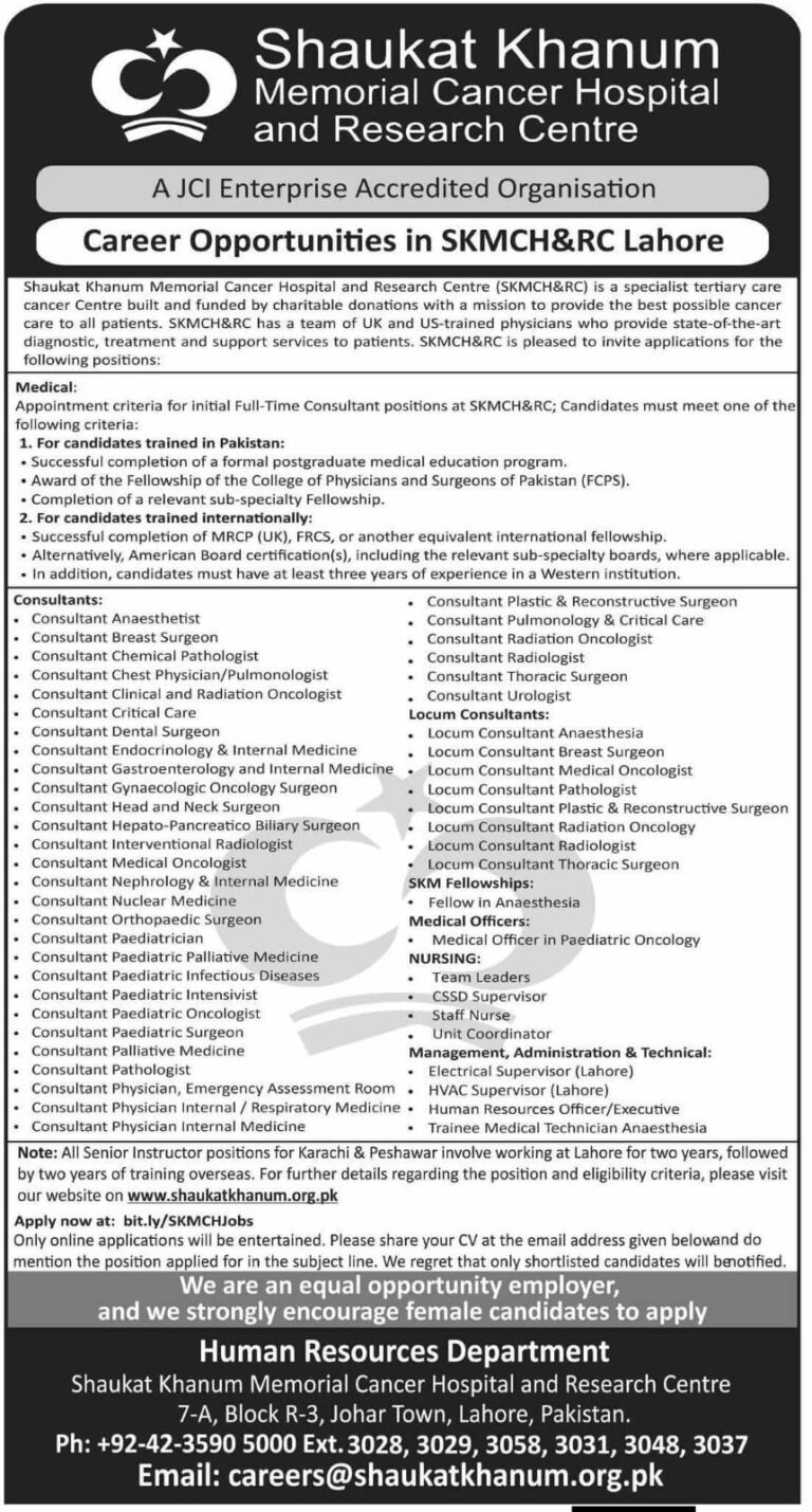 Shaukat Khanum Cancer Hospital Jobs 2026